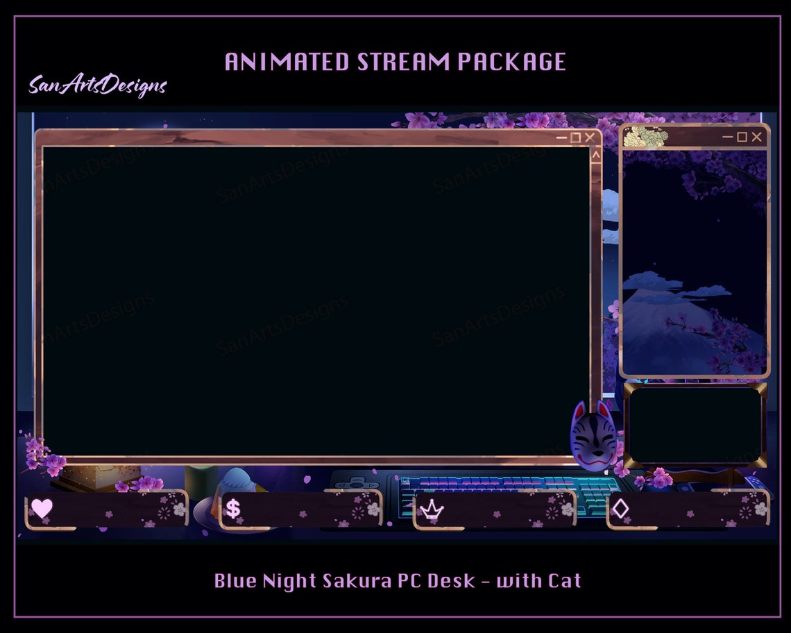 Blue Night Sakura PC Desk Animated Stream Overlay Bundle, Blue Sakura ...