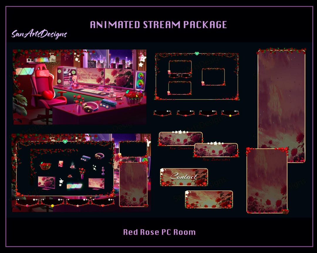 Crimson Rose PC Room Animated Stream Bundle, Red Rose PC Room Twitch ...