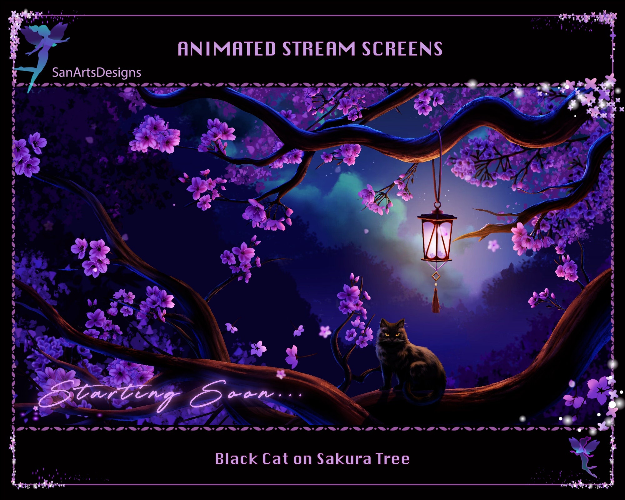 Animated Stream Screen Overlays Black Cat on Sakura Tree - Etsy