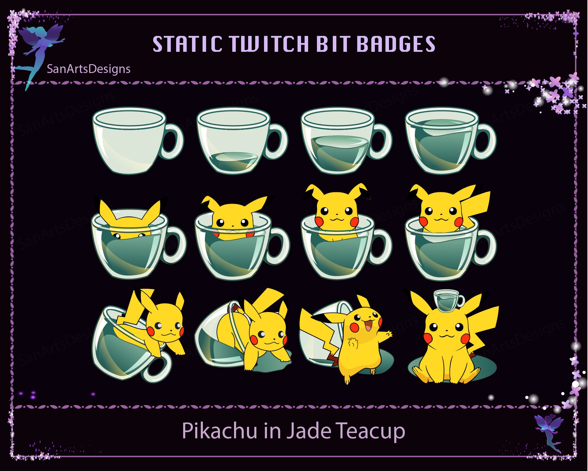 Pikachu in Jade Teacup Twitch Sub Badges, Cute Pokemon Teacup Twitch ...