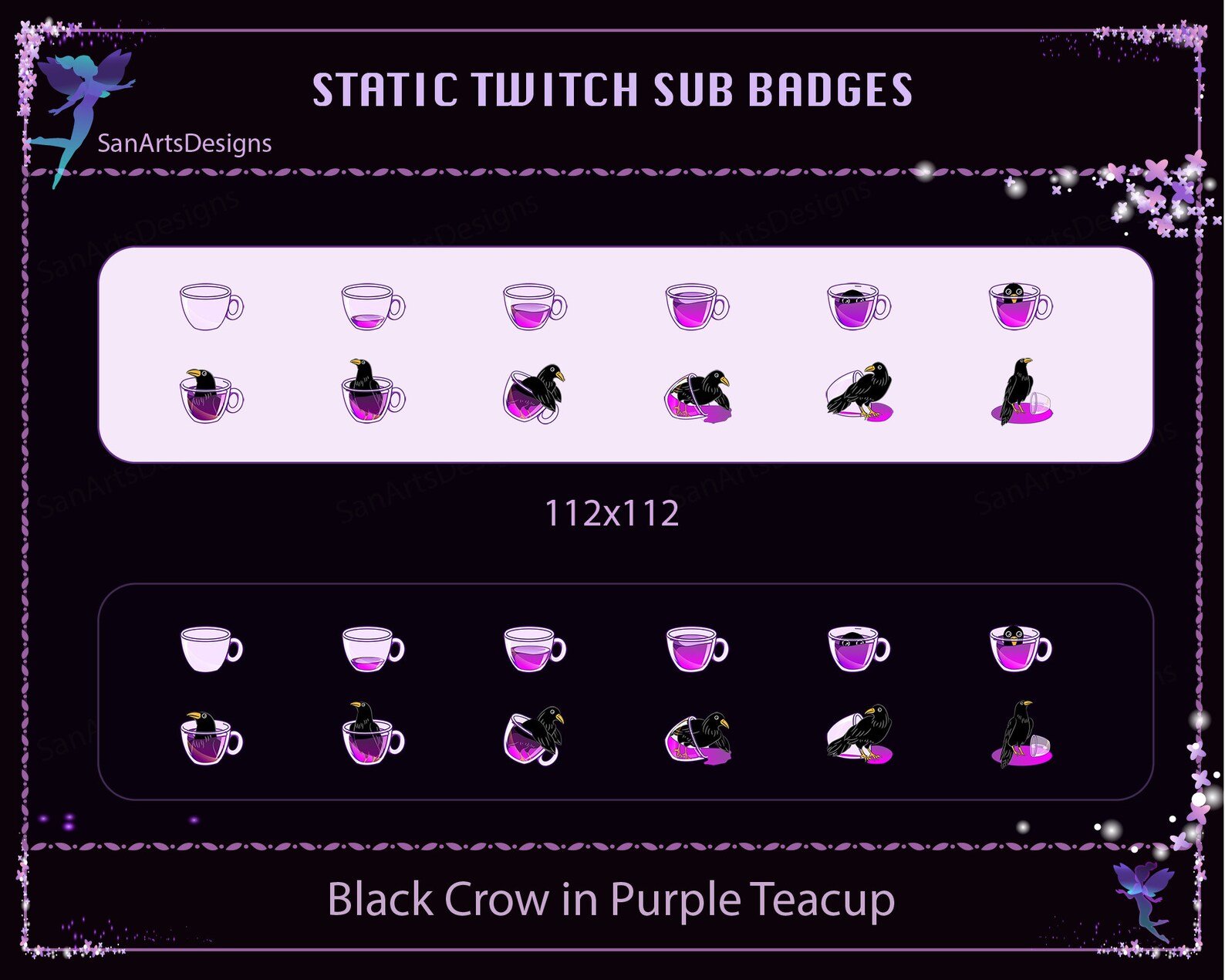 Black Crow in Purple Teacup Twitch Sub Badge, Cute Black Crow Teacup ...