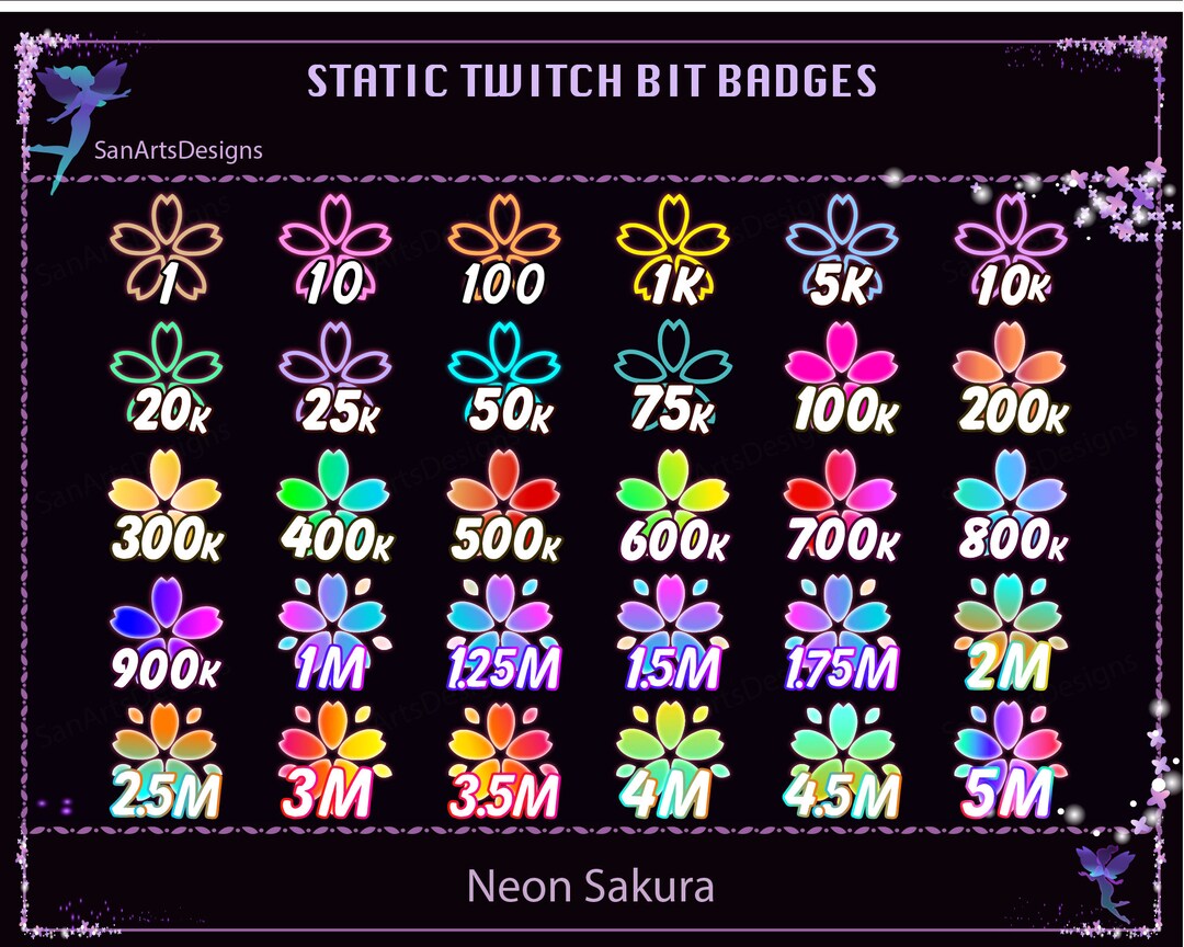 Neon Sakura Twitch Bit Badges, Cherry Blossom Bit Badges, Kawaii Sub ...