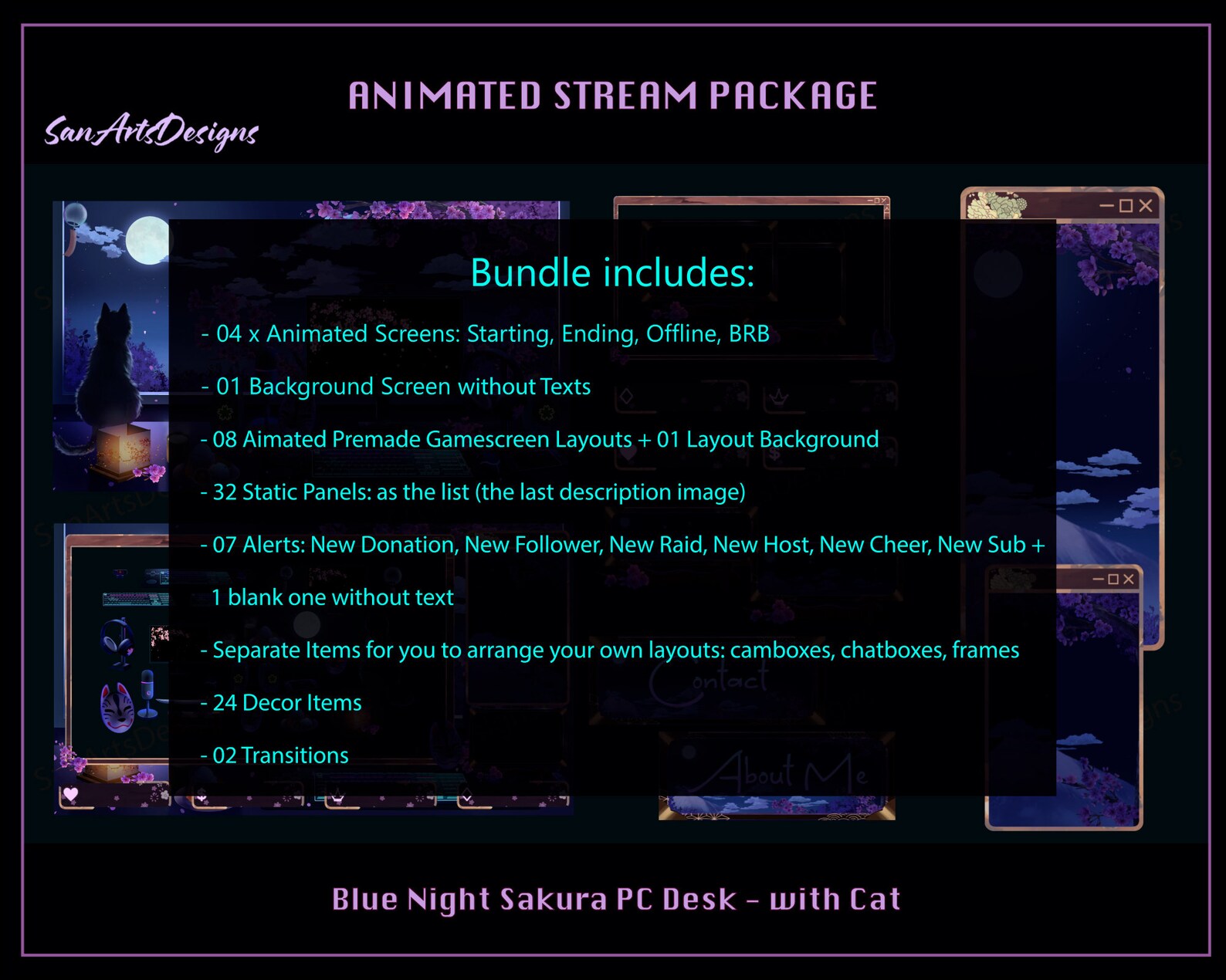 Blue Night Sakura PC Desk Animated Stream Overlay Bundle, Blue Sakura ...