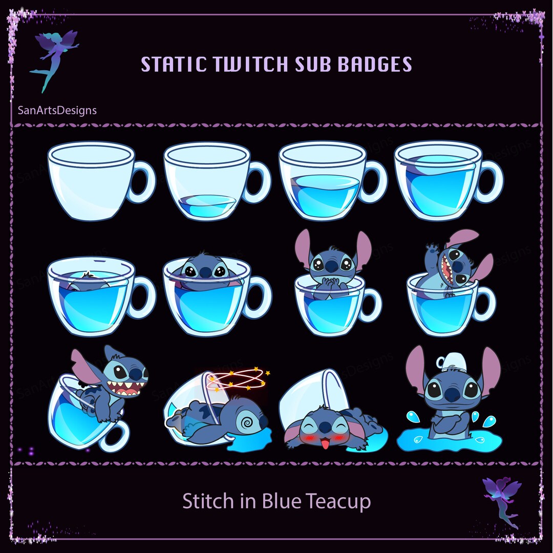 Cute Stitch in Blue Teacup Twitch Sub Badges, Cute Stitch Teacup Twitch ...