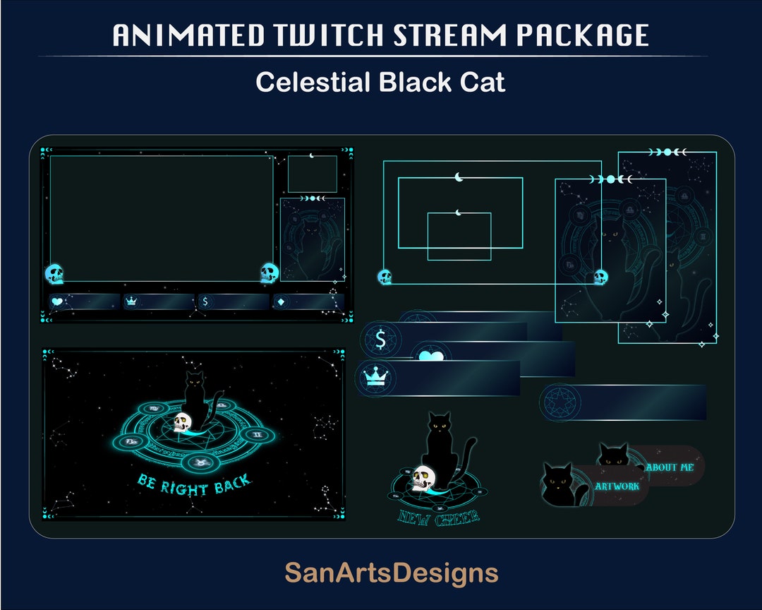 Animated Stream Package Celestial Witchy Black Cat, Animated Twitch Overlays Celestial Magic ...