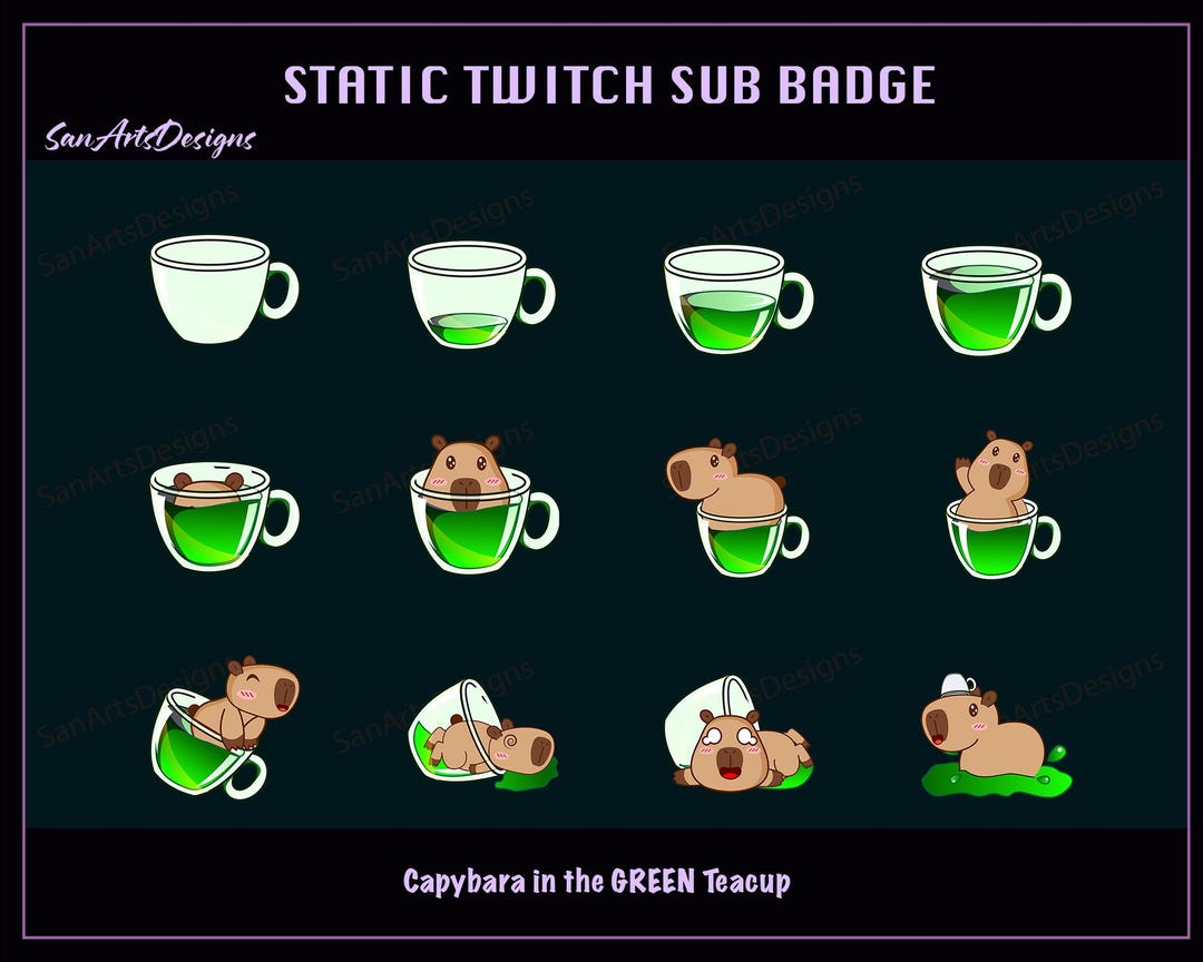 Cute Capybara in Green Teacup Twitch Sub Badges, Cute Capybara Teacup ...