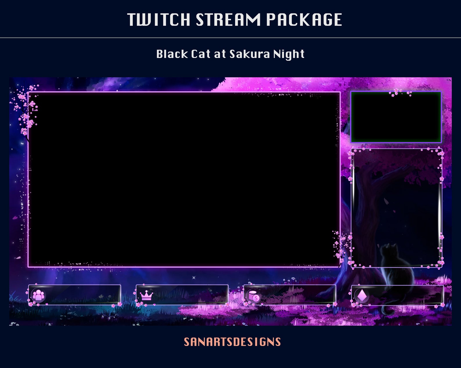 Animated Stream Package Black Cat at Sakura Night, Animated Twitch ...
