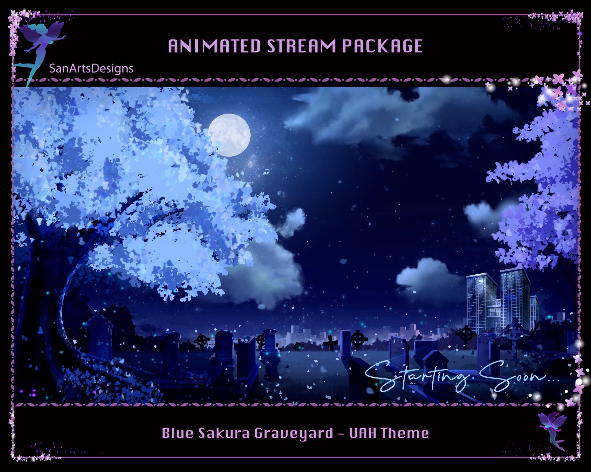 Animated Stream Package Blue Sakura Graveyard, Animated Twitch Overlays ...