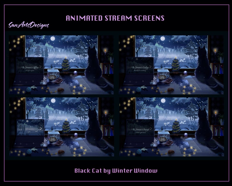 Animated Stream Overlays Black Cat by the WINTER Window, Animated Twitch Overlays Winter Cat for ...