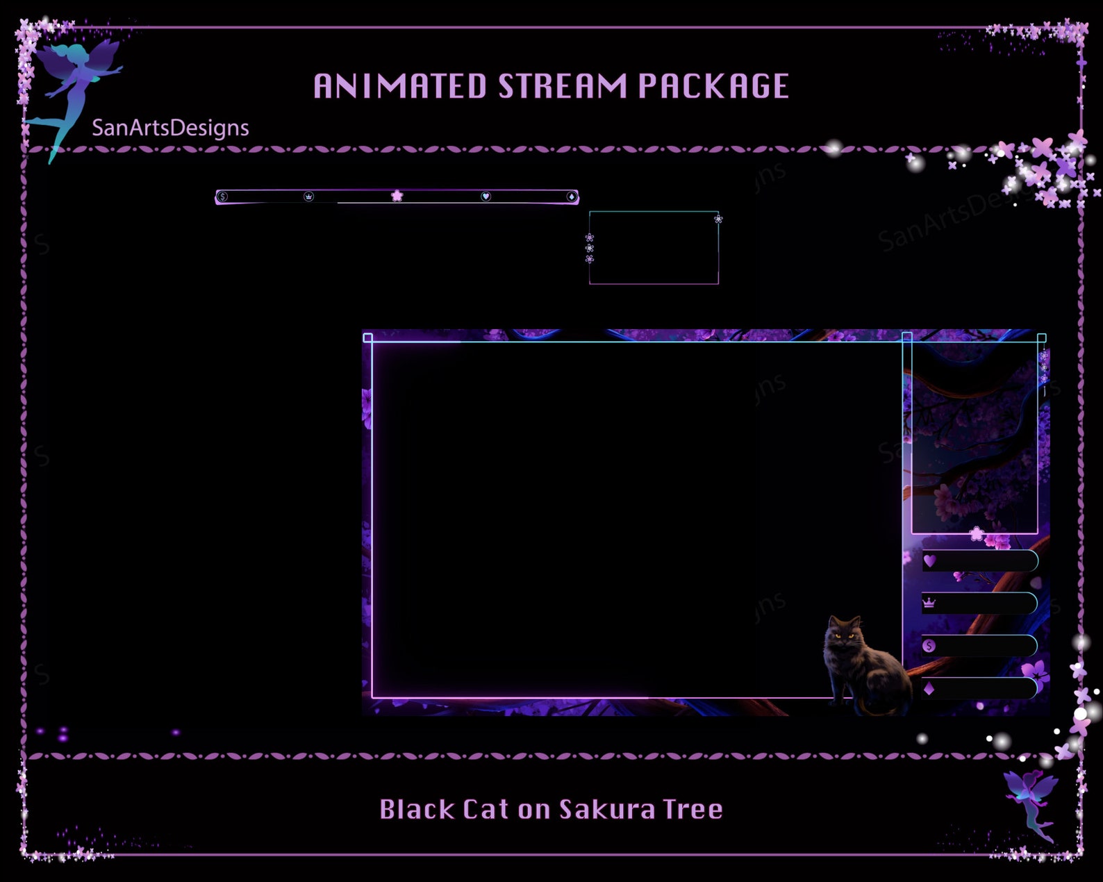 Animated Stream Overlay Package Black Cat on Sakura Tree, Animated ...