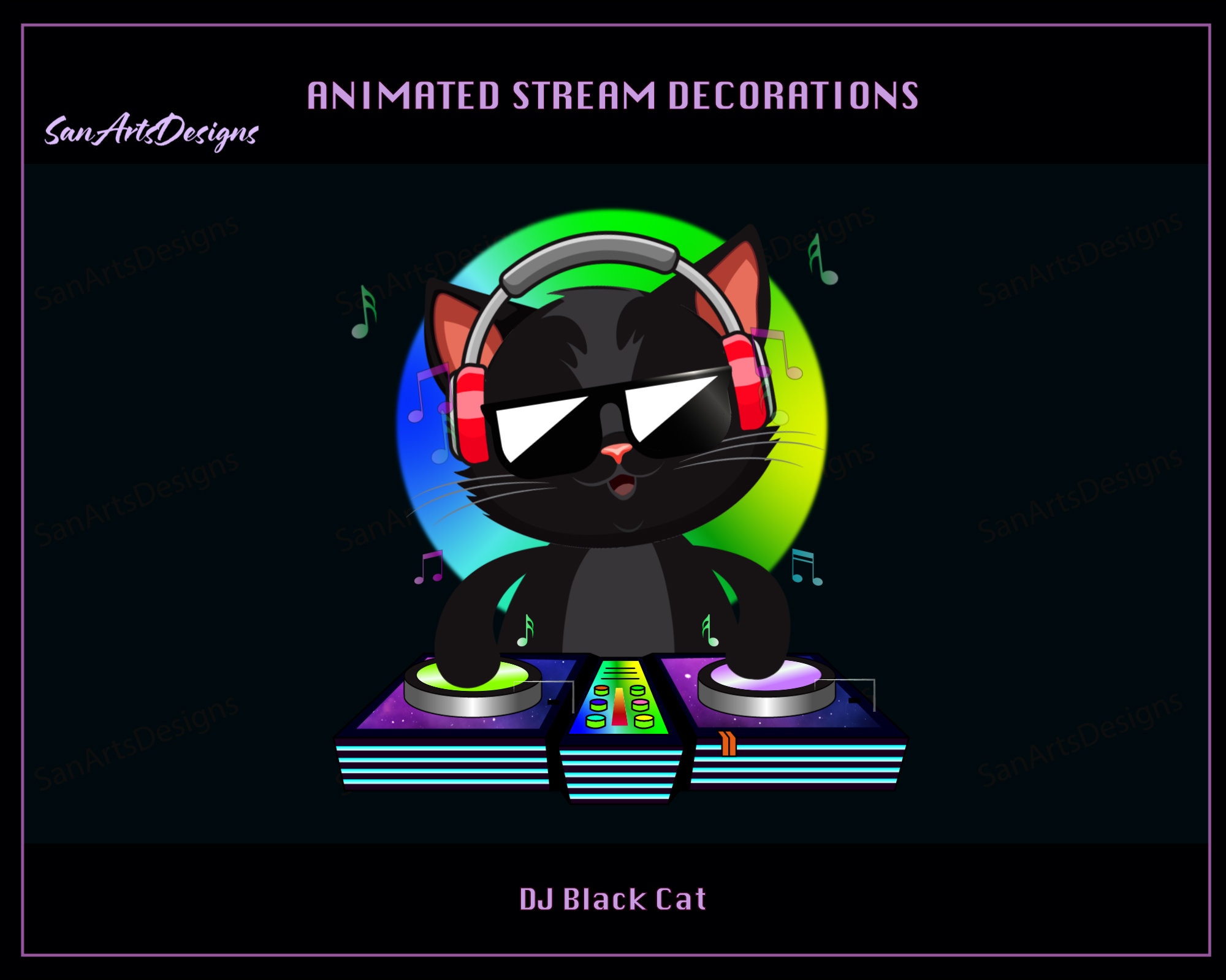 Cool DJ Black Cat Animated Stream Decoration, Animated Stream Assets ...