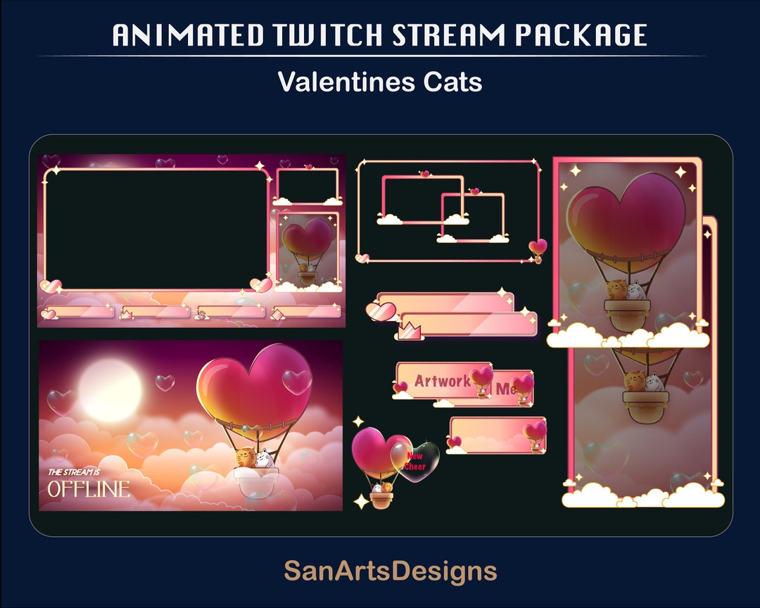 Animated Stream Package Valentines Cats, Animated Twitch Overlays Cats ...