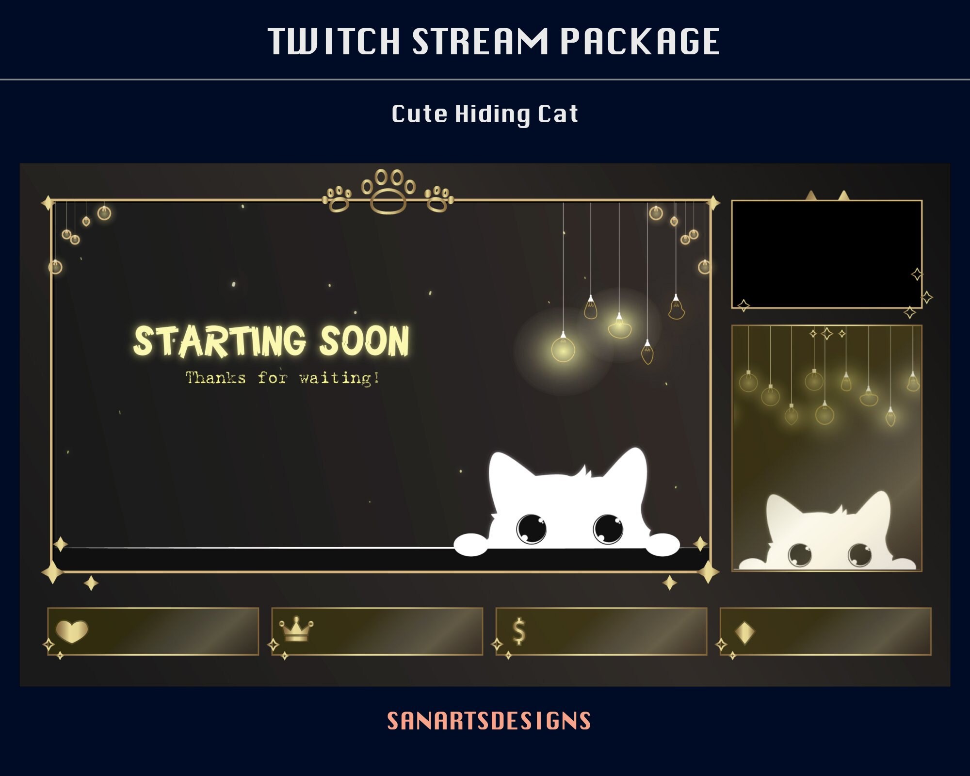 Static Stream Package Cute Hiding Cat, Animated Twitch Overlays Cute ...