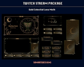 Animated Stream Package Gold Celestial Luna Moth, Golden Celestial Twitch Overlay Package for ...