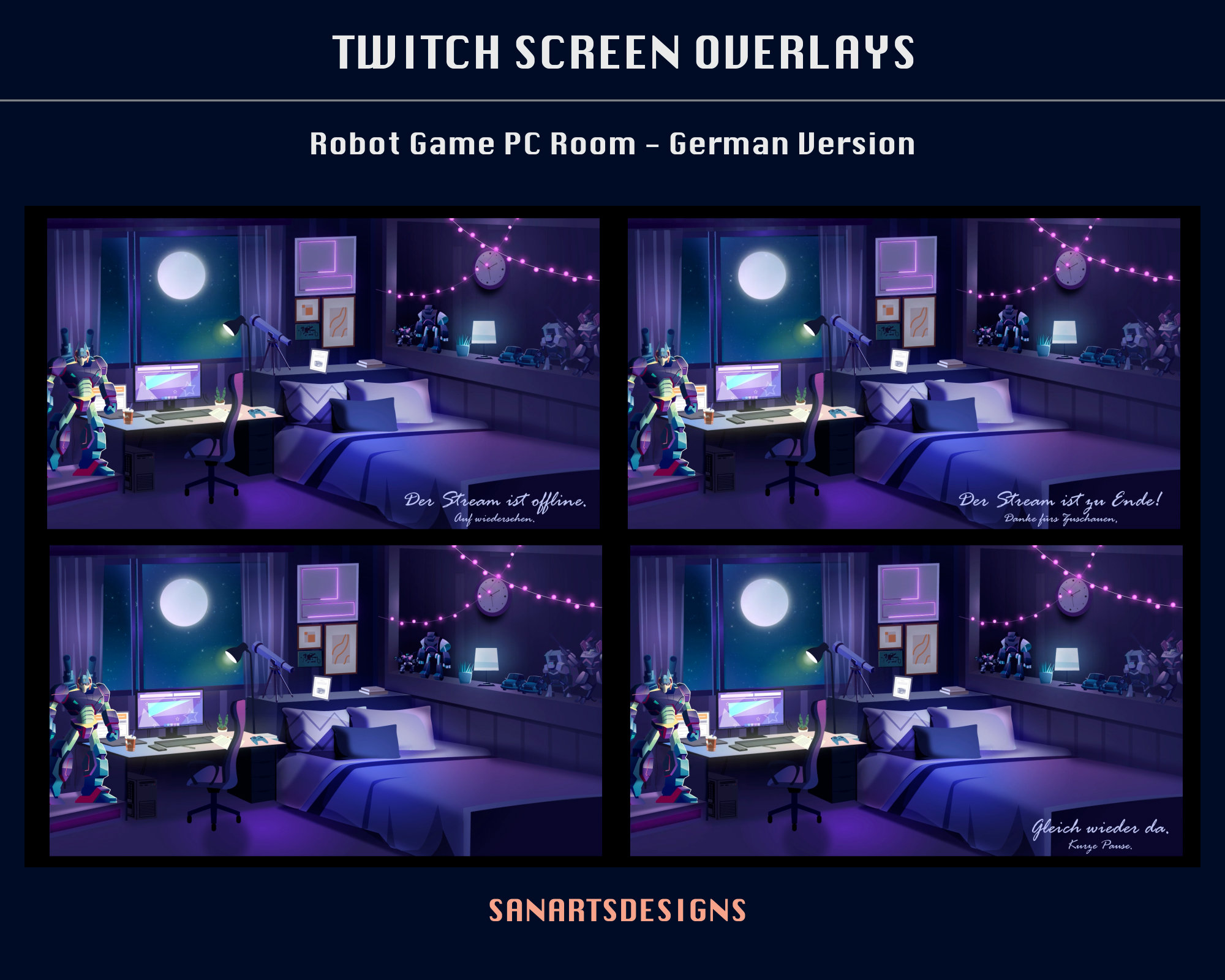 German Animated Stream Overlay Robot Game Room, Animated Twitch Overlay ...