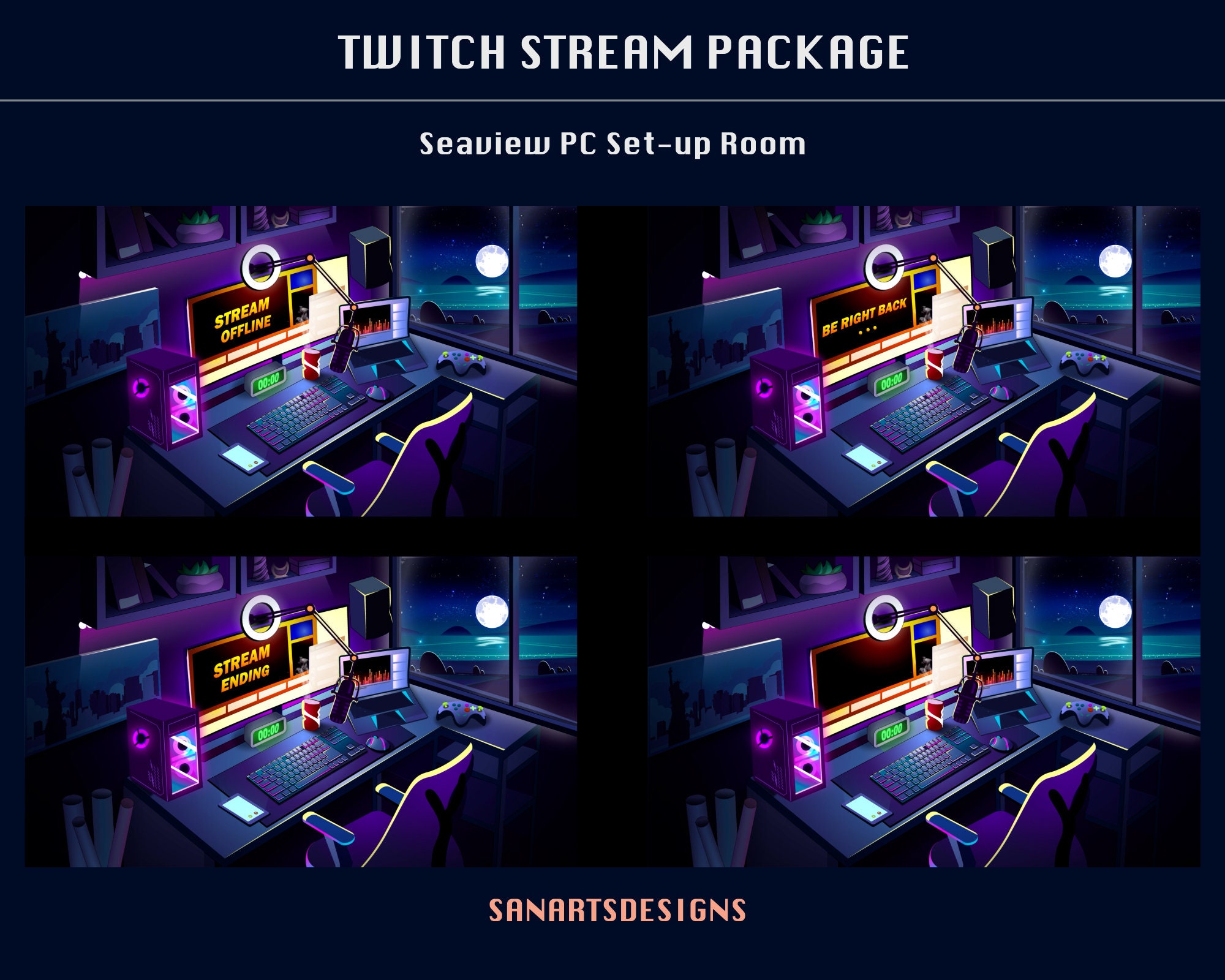 Animated Stream Package Seaview PC Set-up Room, Animated Twitch Overlay ...