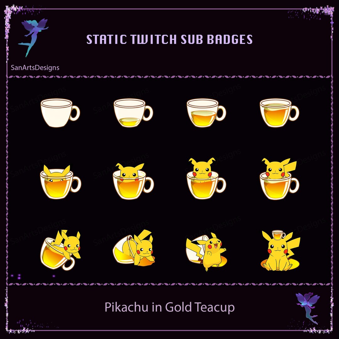 Pikachu in Gold Teacup Twitch Sub Badges, Cute Pokemon Teacup Twitch ...