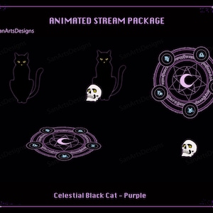 Animated Twitch Stream Overlays Package Celestial Witchy Black Cat Purple Version for Streamers ...