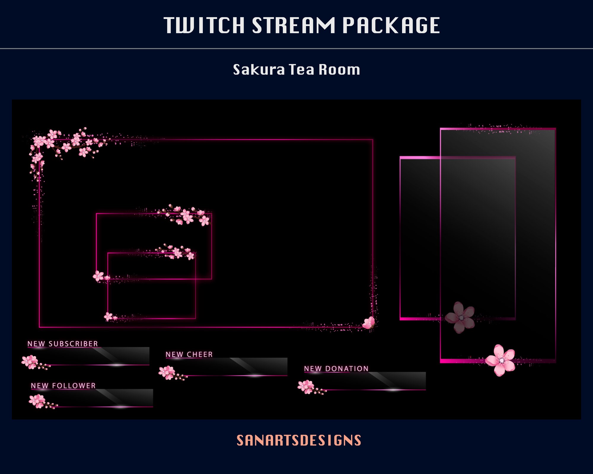 Animated Stream Package Sakura Tea Room, Animated Twitch Overlays Pack ...