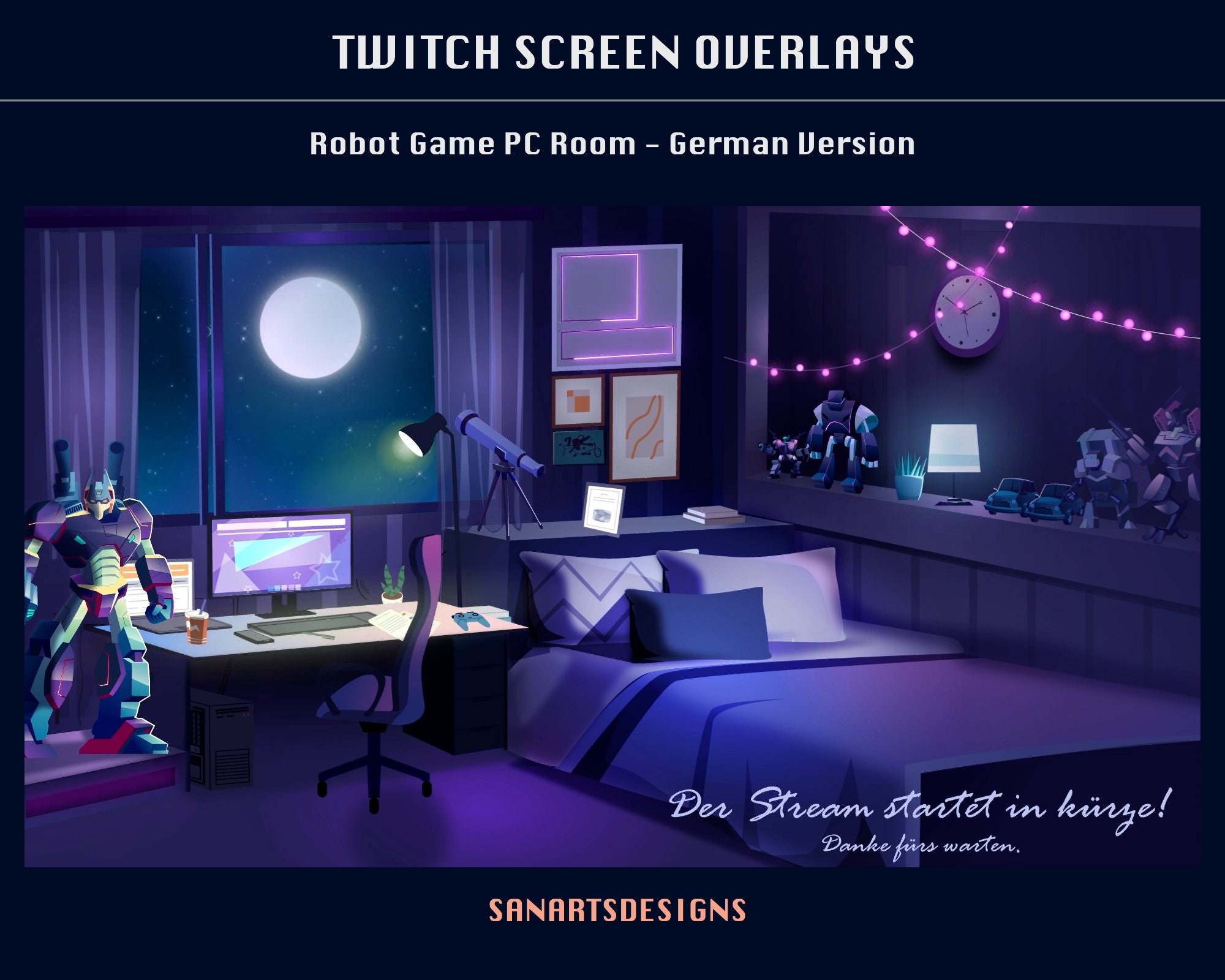 German Animated Stream Overlay Robot Game Room, Animated Twitch Overlay ...