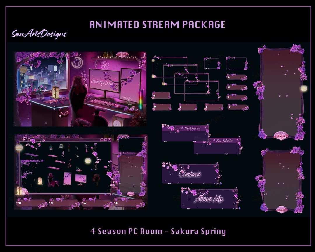 Sakura PC Room Animated Stream Bundle, Sakura PC Room Twitch Overlay ...