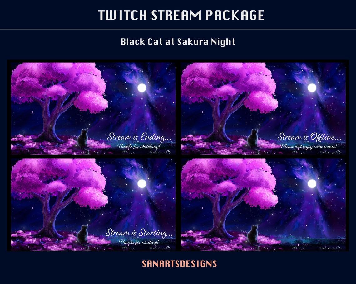 Animated Stream Package Black Cat at Sakura Night, Animated Twitch ...