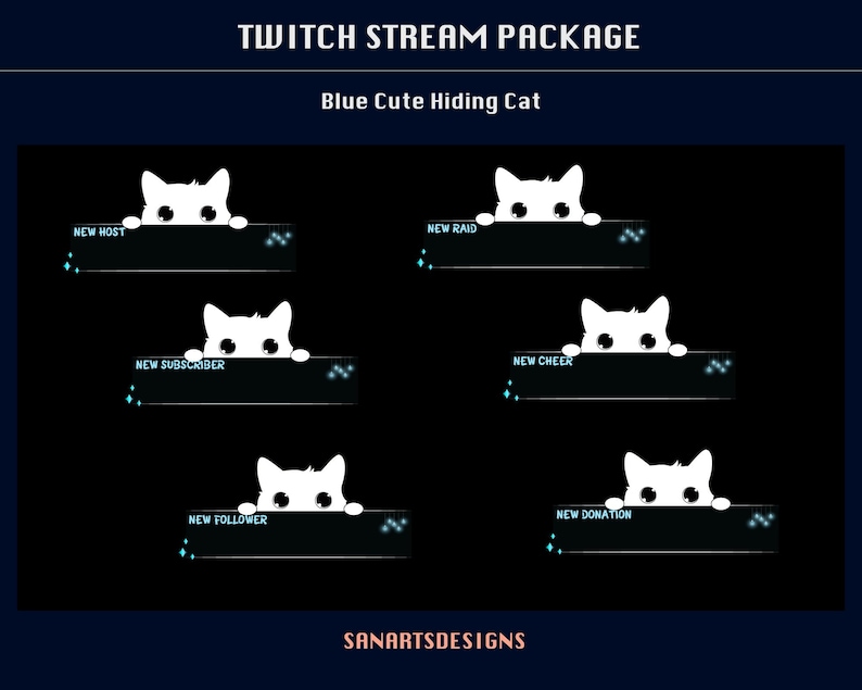 Animated Stream Package Blue Cute Hiding Cat, Animated Twitch Overlays ...