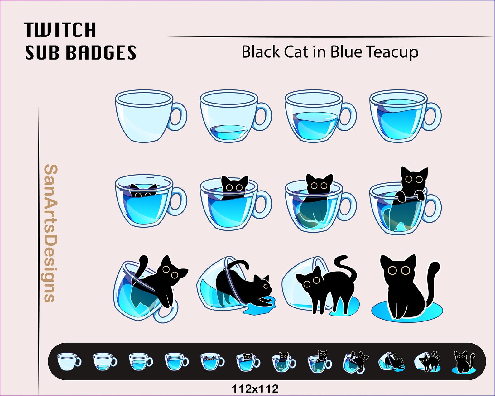 Black Cat in Blue Teacup Twitch Sub Badges, Cute Black Cat Teacup ...