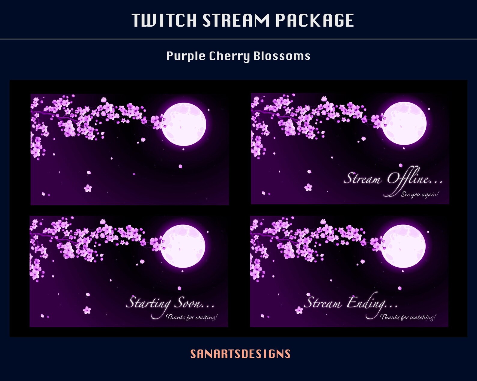 Animated Stream Package Purple Cherry Blossom, Animated Twitch Overlays ...