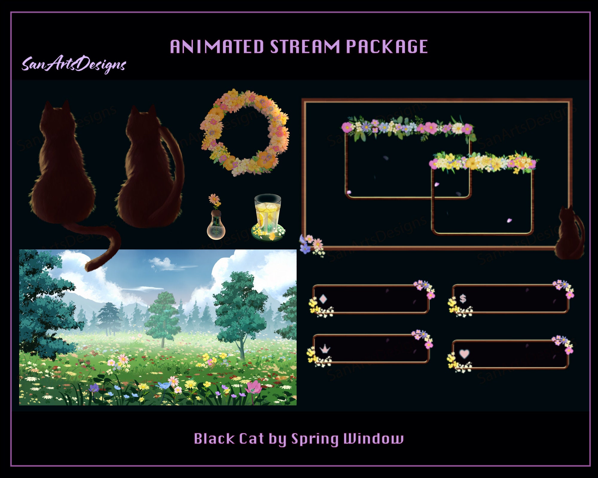 Animated Stream Overlay Layouts Black Cat By The Spring Window