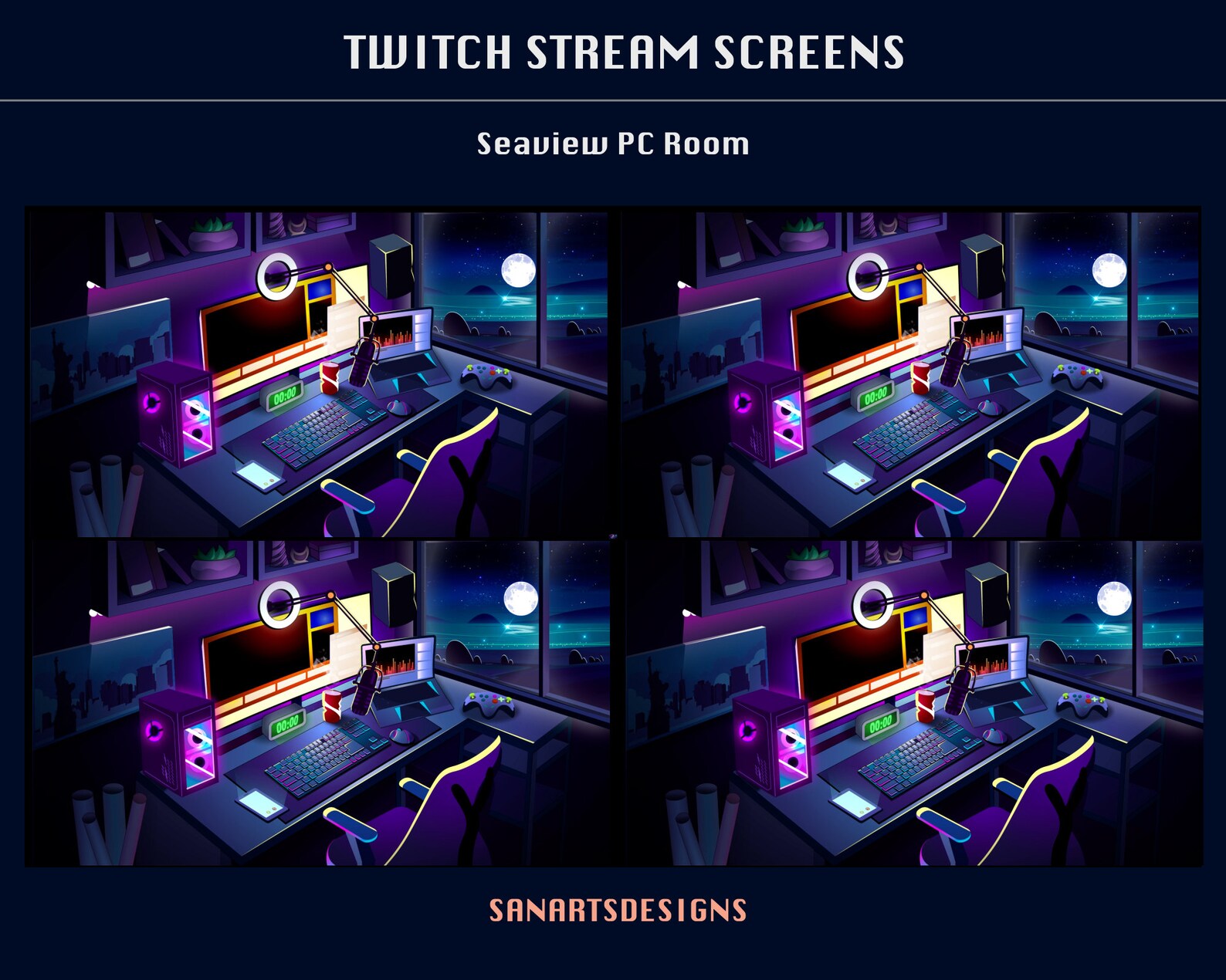 Animated Scenes Seaview PC Set-up Room, Animated Twitch Overlays Dark ...