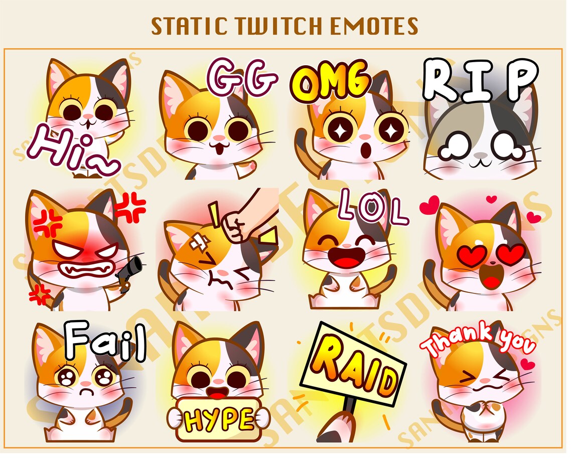 Cute Chibi Calico Cat Twitch Emotes, Static Cute Chibi Cat Twitch ...