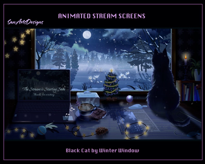 Animated Stream Overlays Black Cat by the WINTER Window, Animated ...