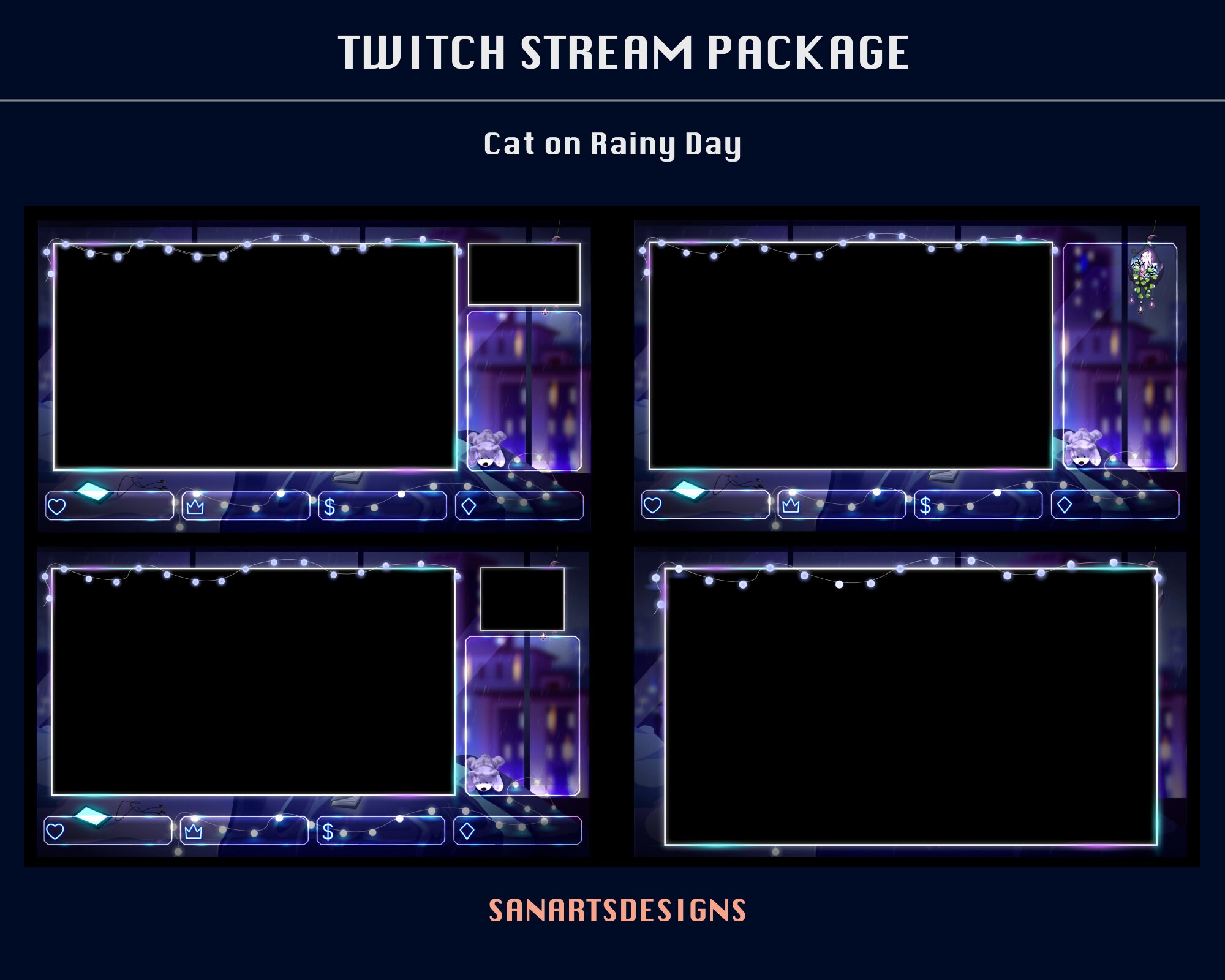 Animated Twitch Overlays Package Cat on Rainy Day Cat - Etsy
