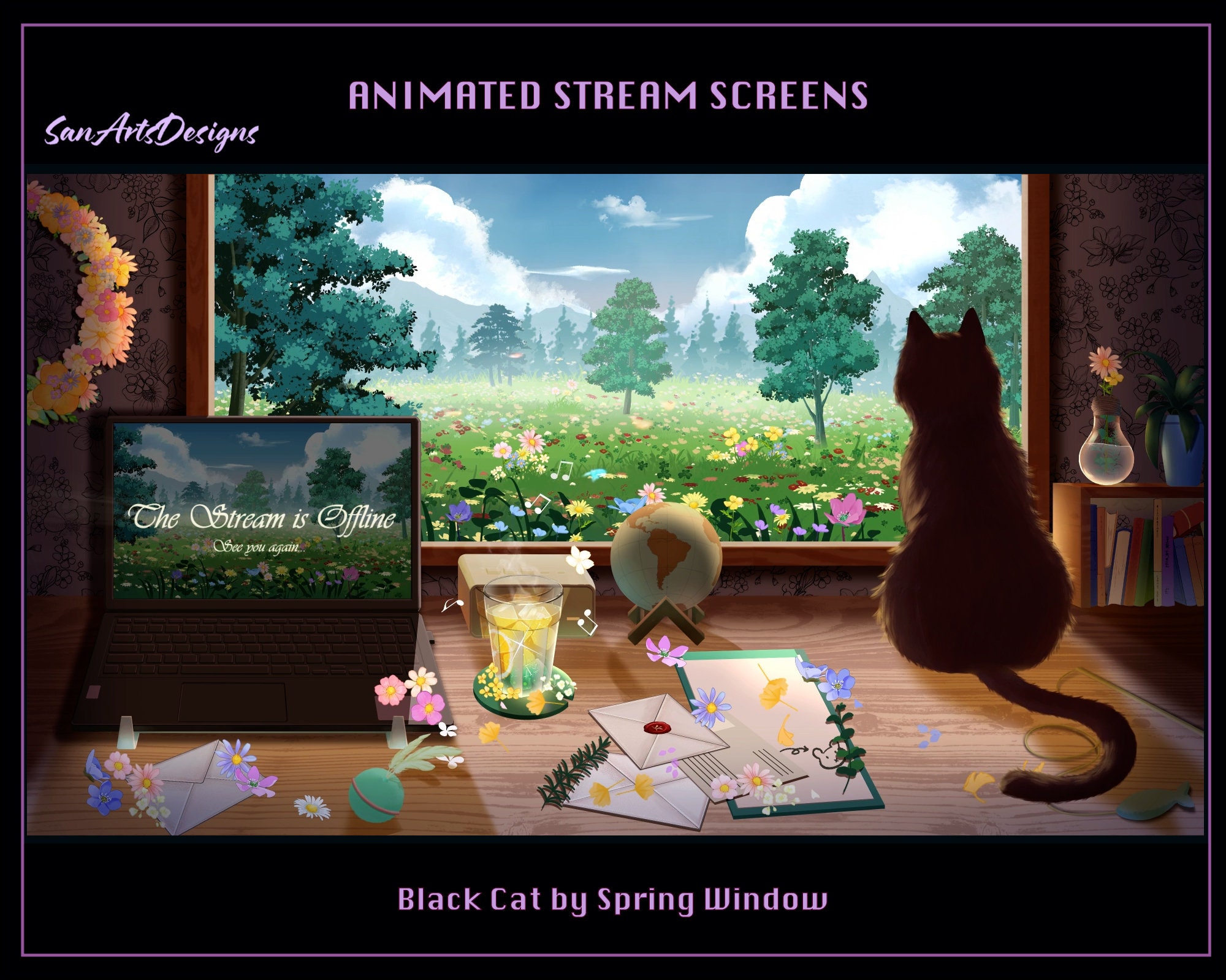 Animated Stream Overlays Black Cat by the SPRING Window, Animated ...