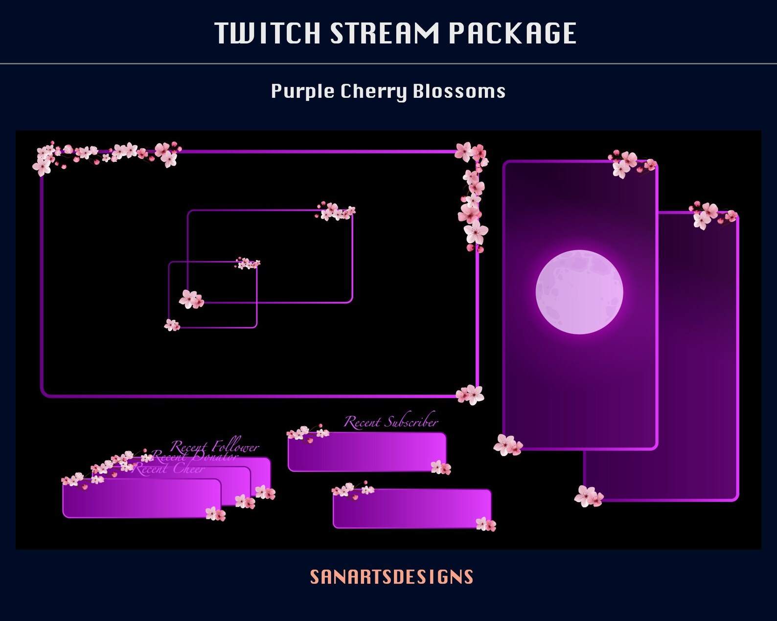 Animated Stream Package Purple Cherry Blossom, Animated Twitch Overlays ...