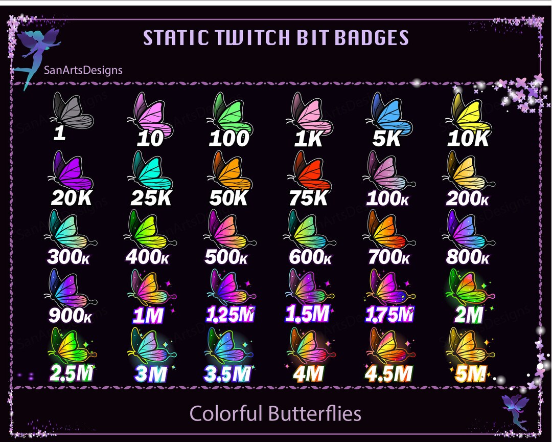 Colorful Butterfly Twitch Bit Badges, Butterfly Kawaii Sub Bit Badge ...