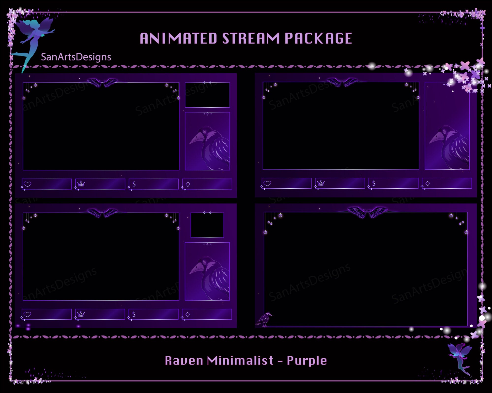 Animated Stream Overlay Package Minimalist Purple Raven for Streamers ...