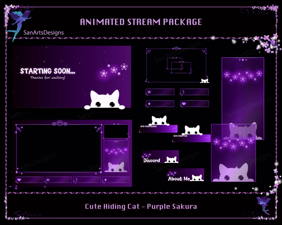 Animated Stream Package Purple Cute Hiding Cat, Animated Twitch ...