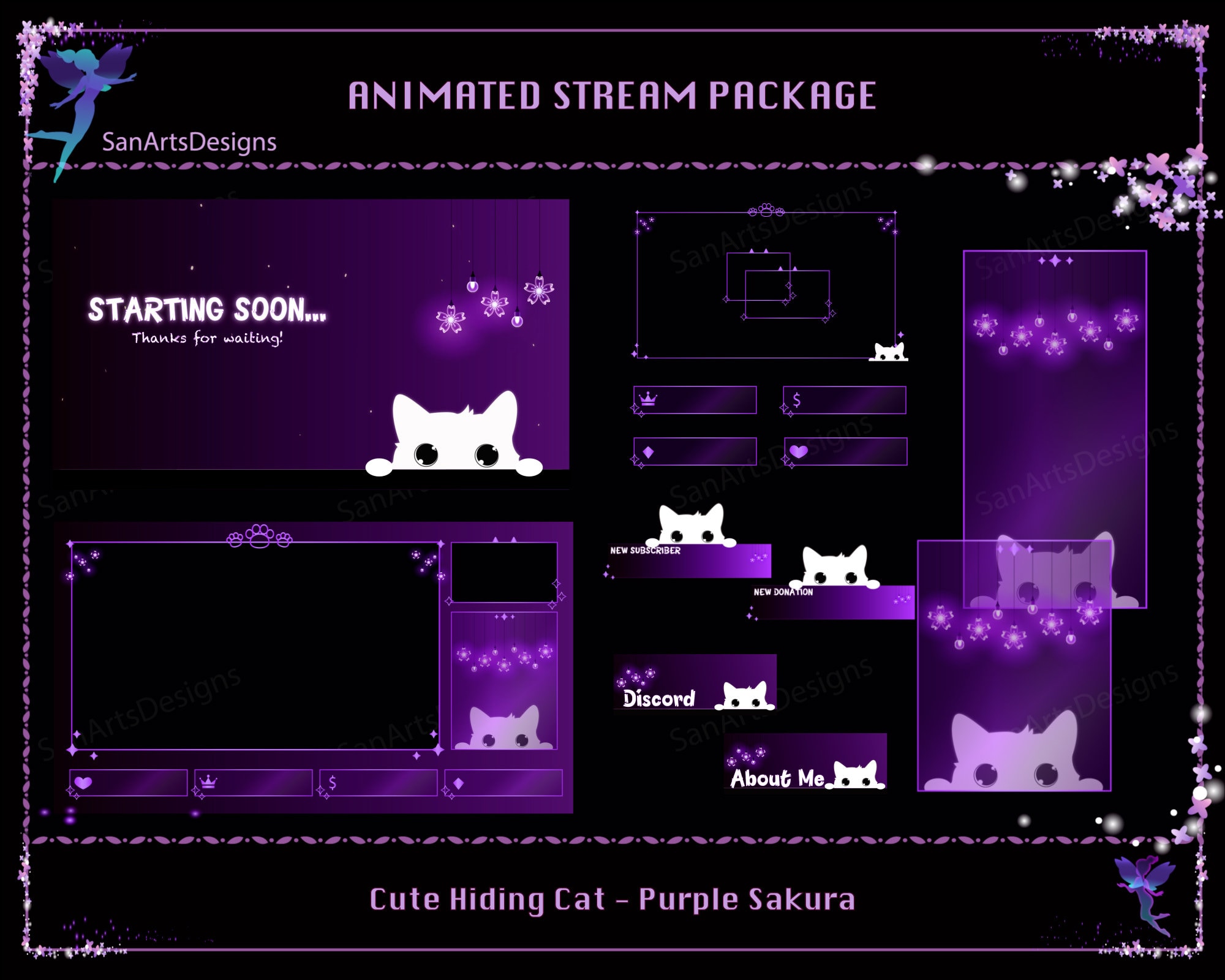 Animated Stream Package Purple Cute Hiding Cat, Animated Twitch ...