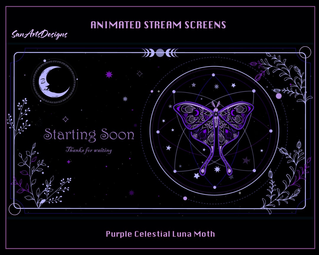Animated Stream Screen Overlays Purple Celestial Luna Moth, Animated Twitch Overlay Magical ...