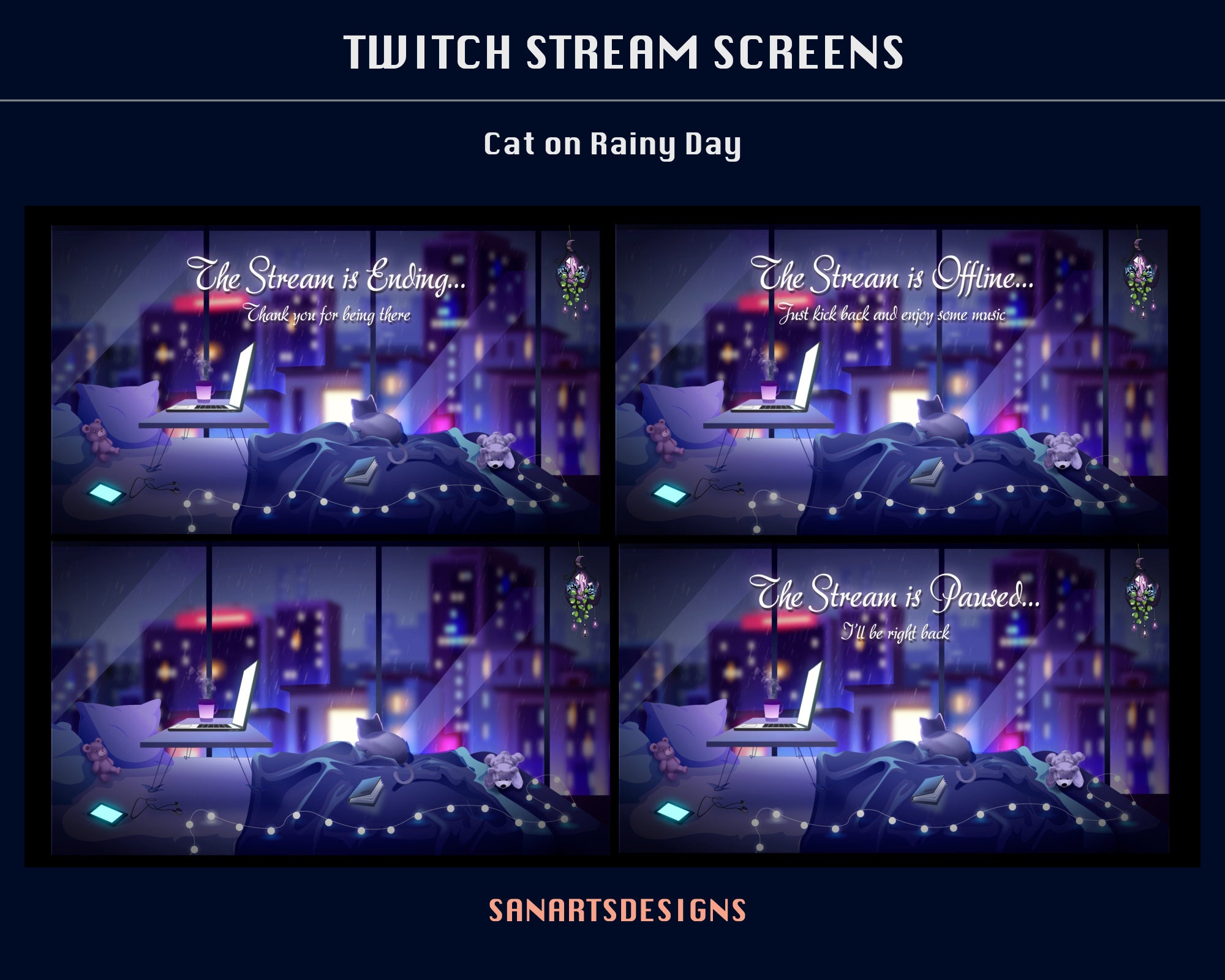 Animated Twitch Overlays Cat on Rainy Day, Cat Watching Rain Animated ...