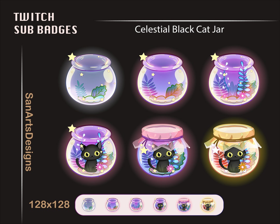 Celestial Black Cat Jar Twitch Sub Badges, Cute Black Cat Jar Twitch Sub Badges, Kawaii Sub Bit ...