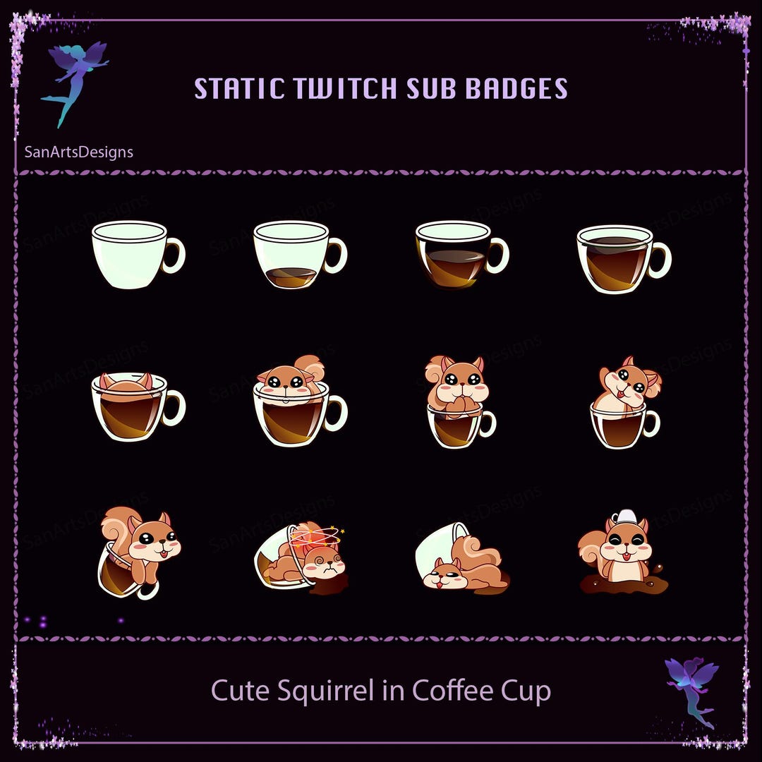 Cute Squirrel in Coffee Cup Twitch Sub Badges, Cute Squirrel Coffee Cup ...