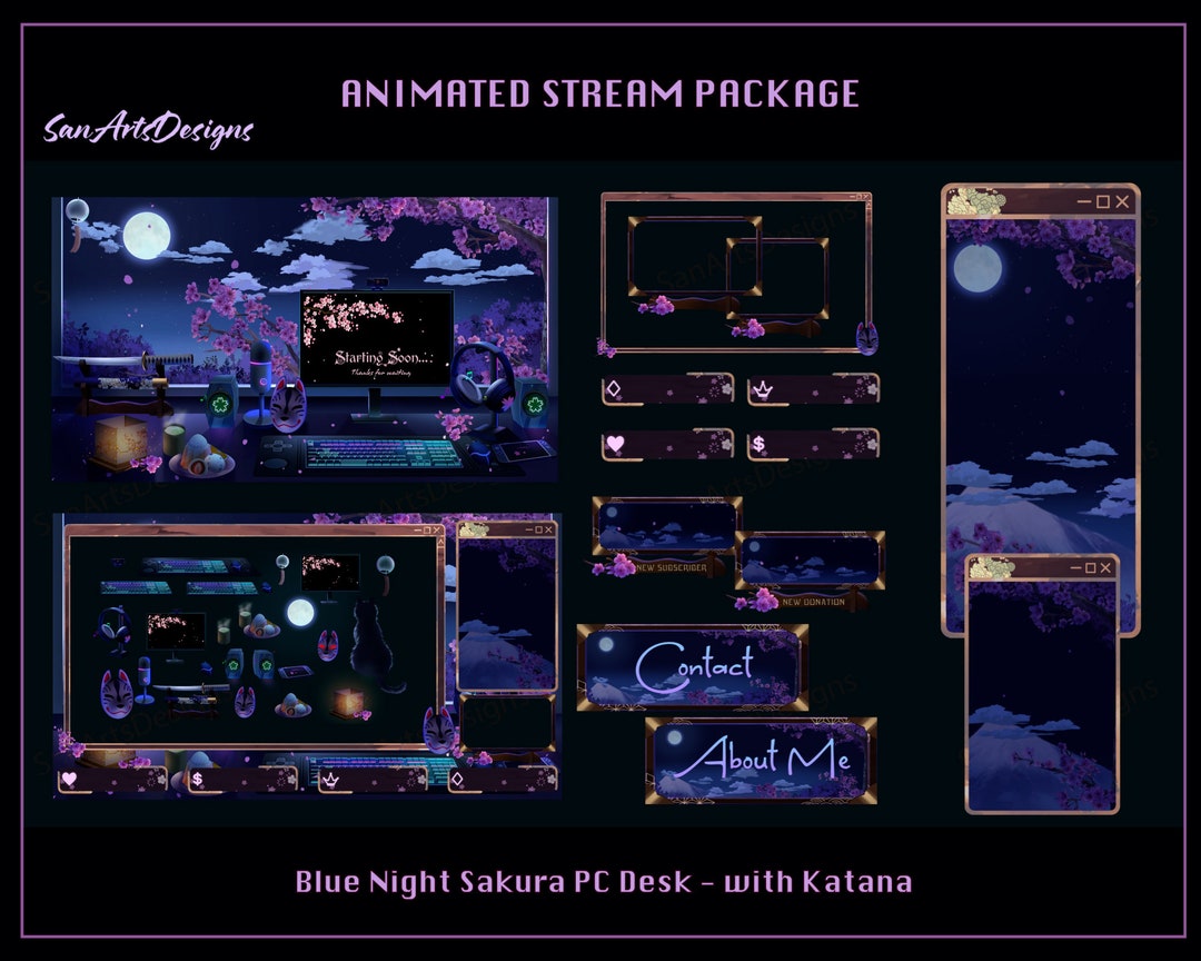 Blue Night Sakura PC Desk Animated Stream Overlay Bundle, Sakura PC ...