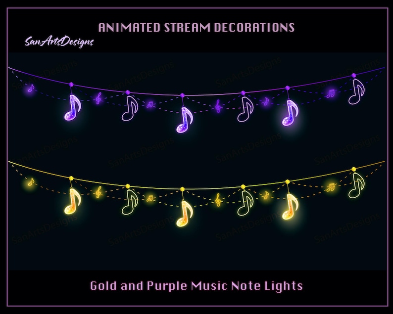 Purple Music Note Light Chains Animated Stream Decorations, Gold Music ...