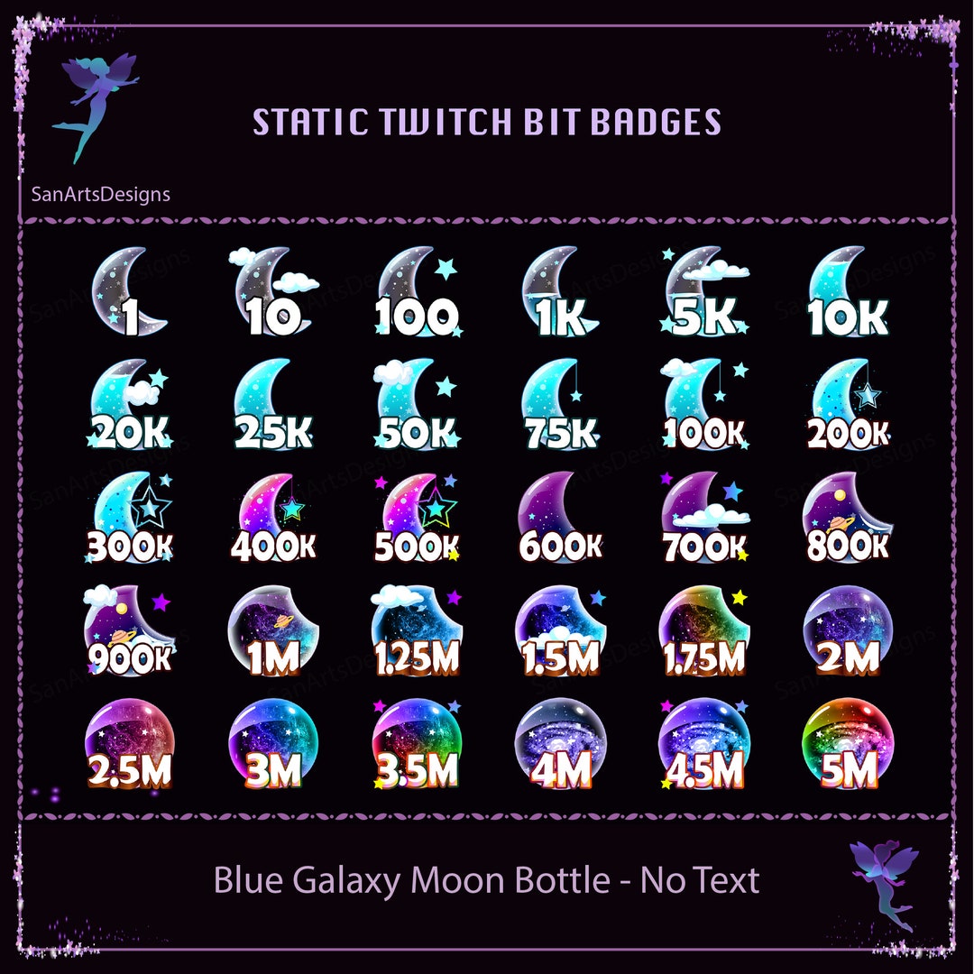 Blue Galaxy Moon Bottle Twitch Bit Badges, Numbered Galaxy Moon Bottle ...