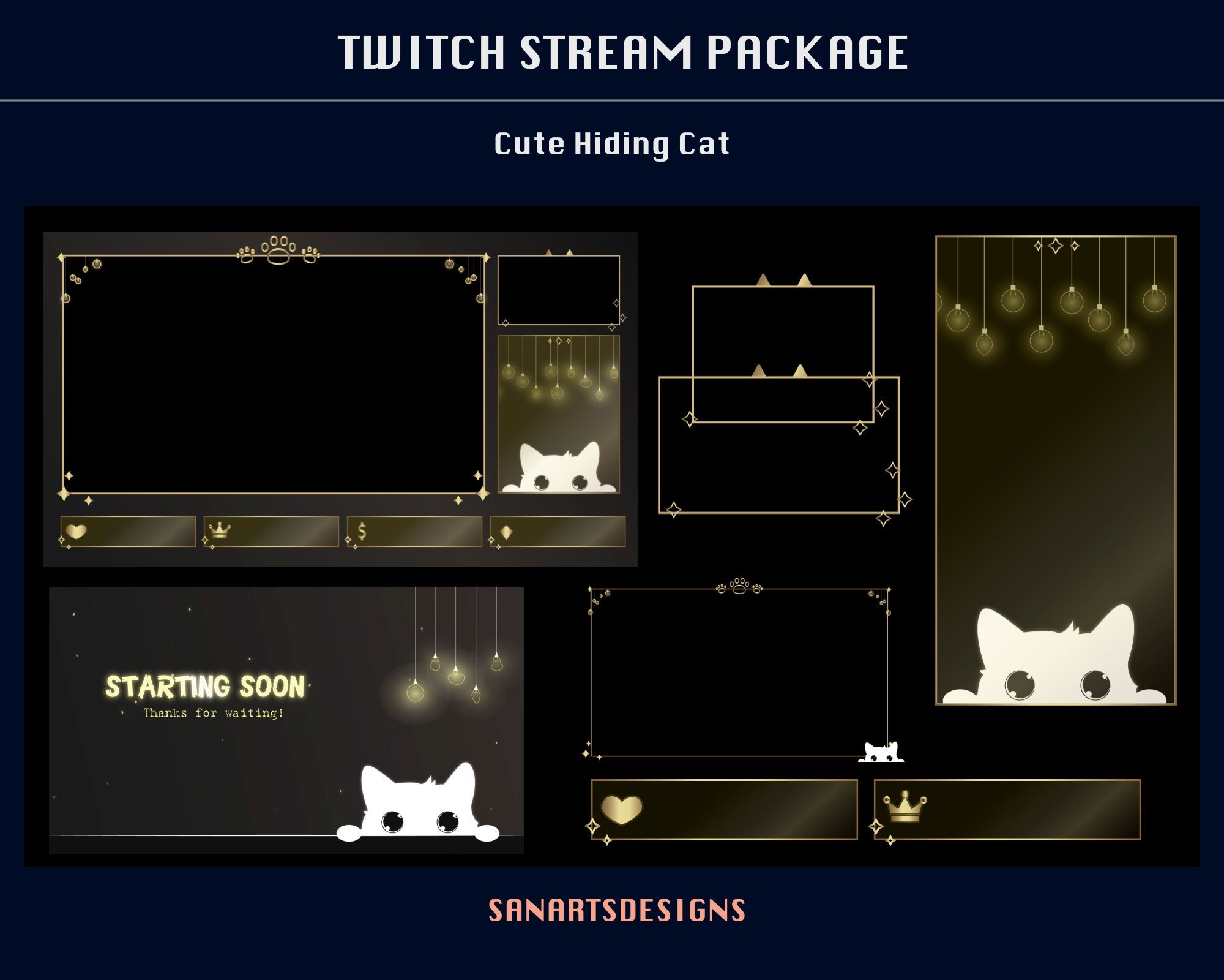 Static Stream Package Cute Hiding Cat, Animated Twitch Overlays Cute ...