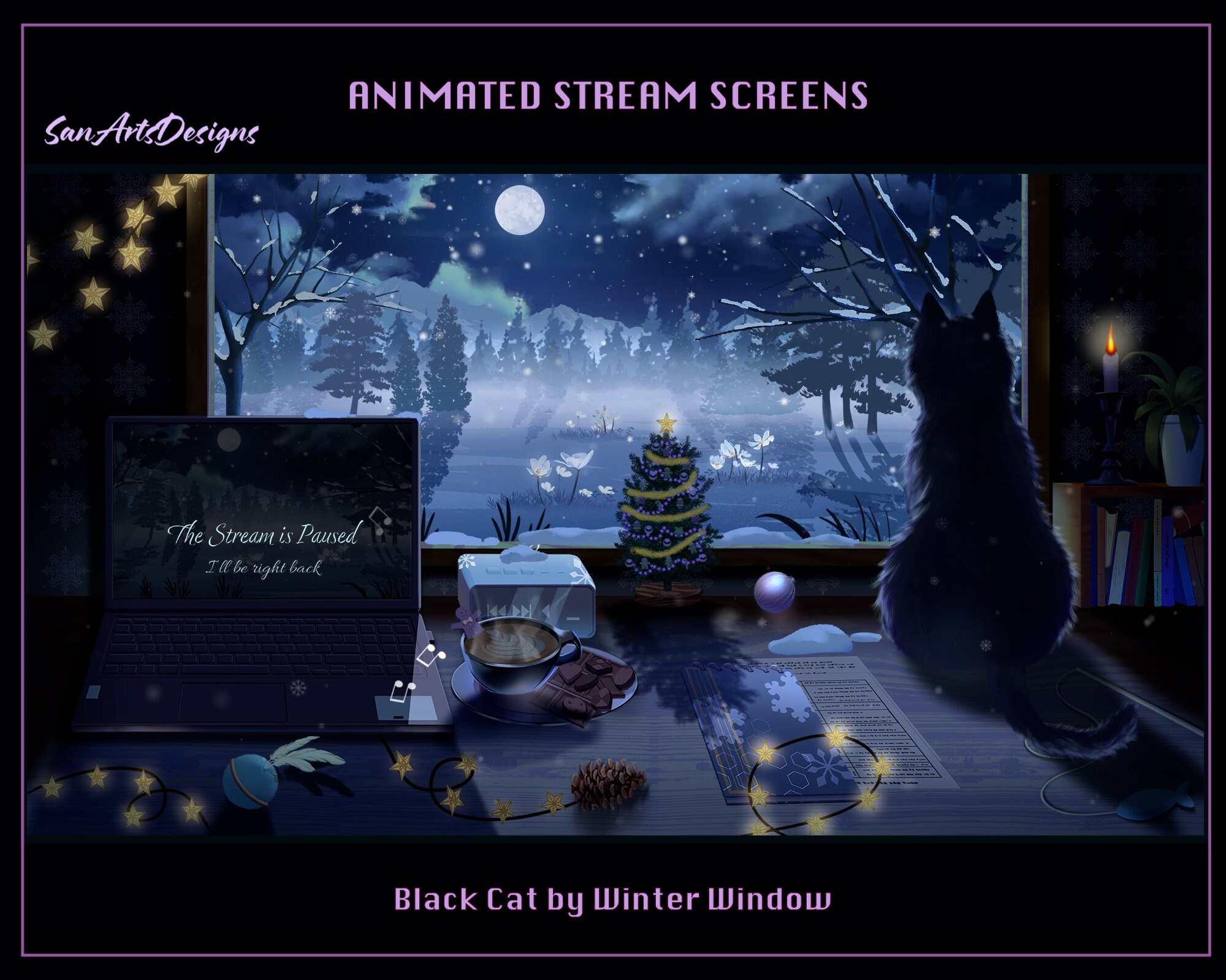 Animated Stream Overlays Black Cat by the WINTER Window, Animated ...