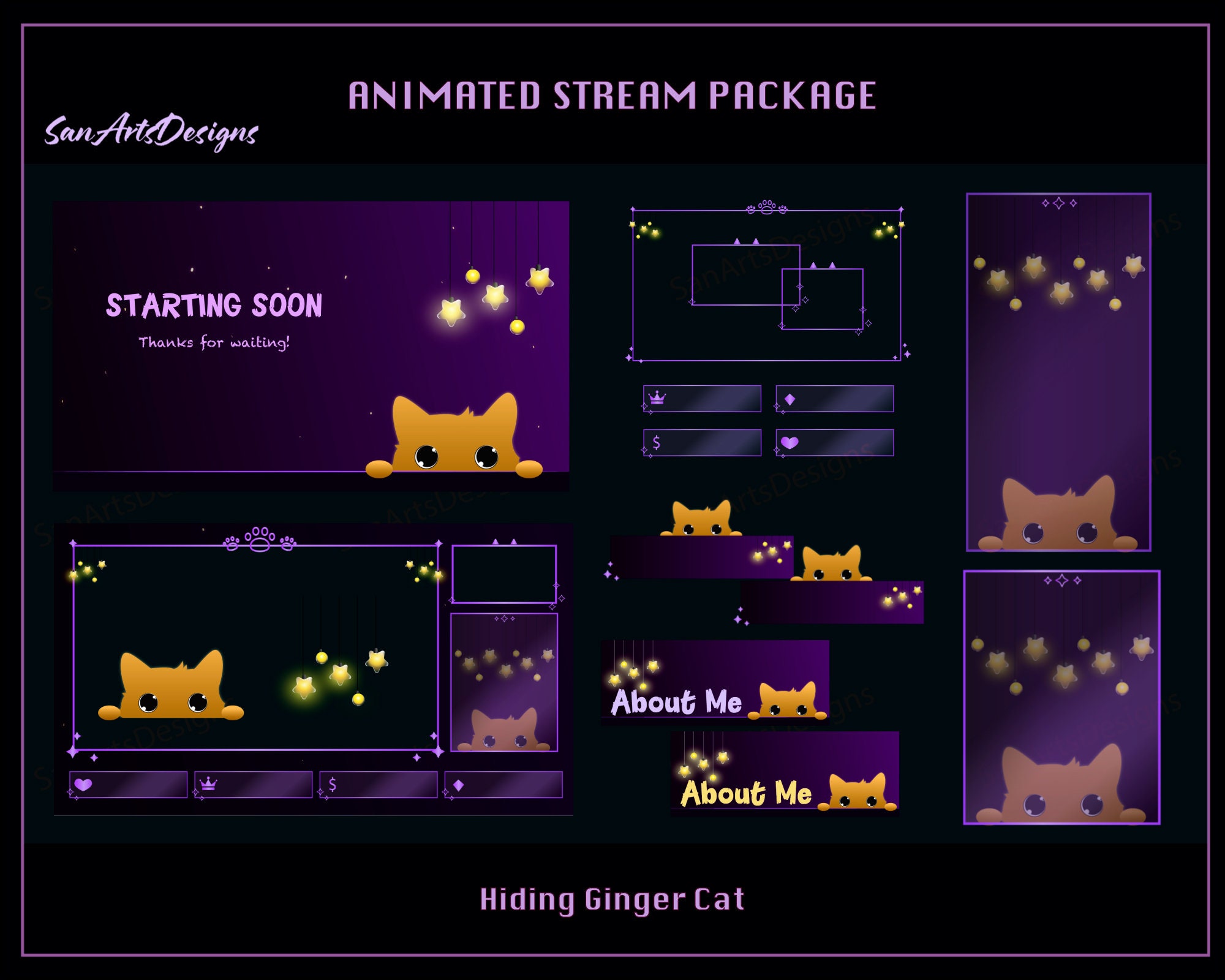 Animated Stream Package Purple Cute Hiding Ginger Cat, Animated Twitch ...
